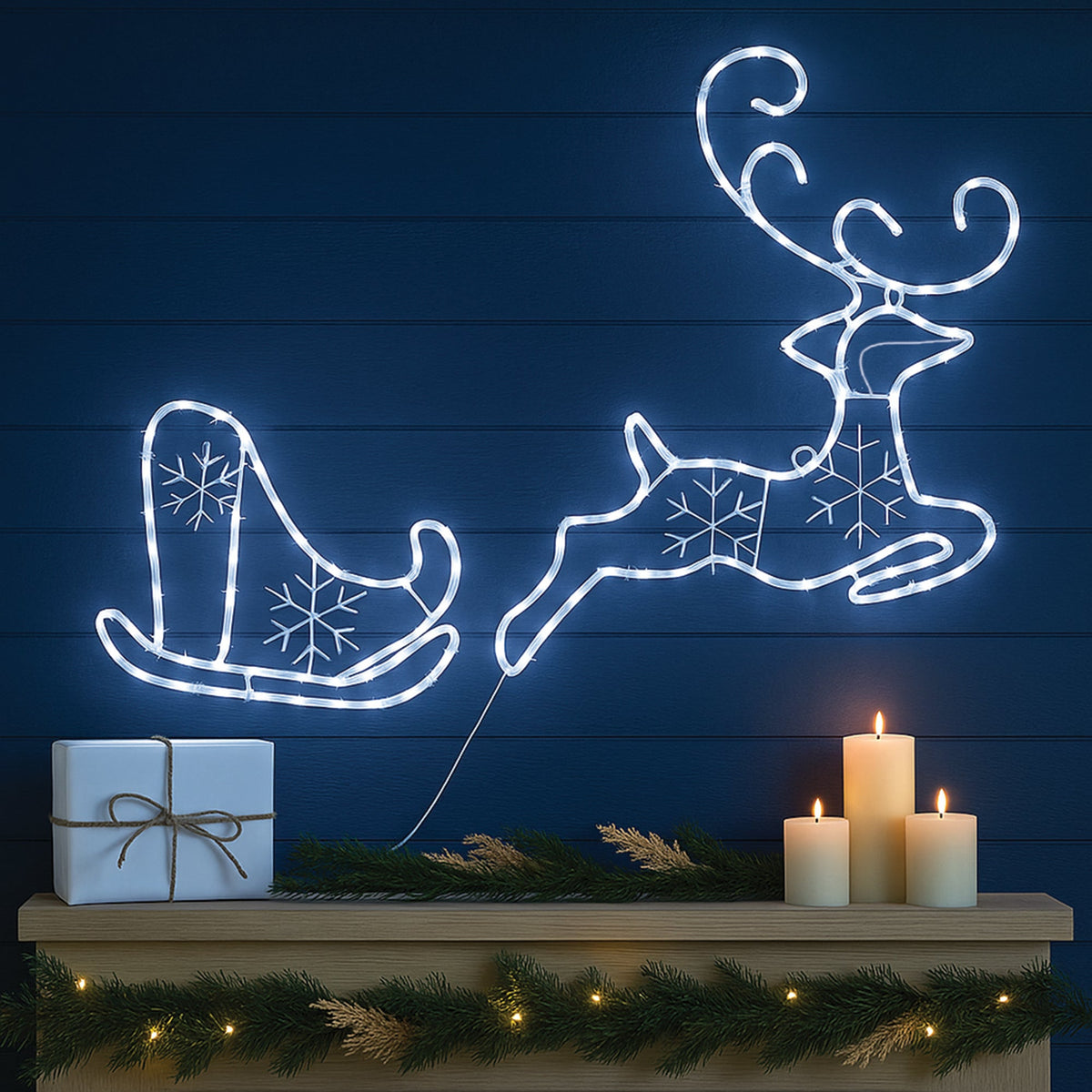2D Flying Reindeer with Sleigh Rope Light Silhouette – Lexi Lighting