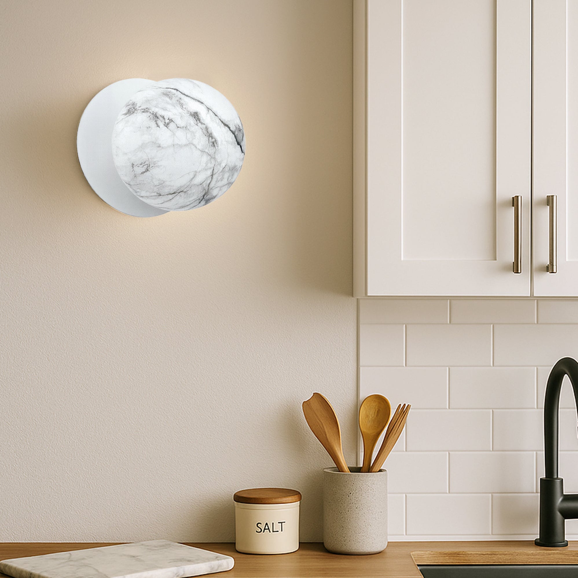 Odessa Marble Opal Glass LED Wall Light with White Base - White/Large ...